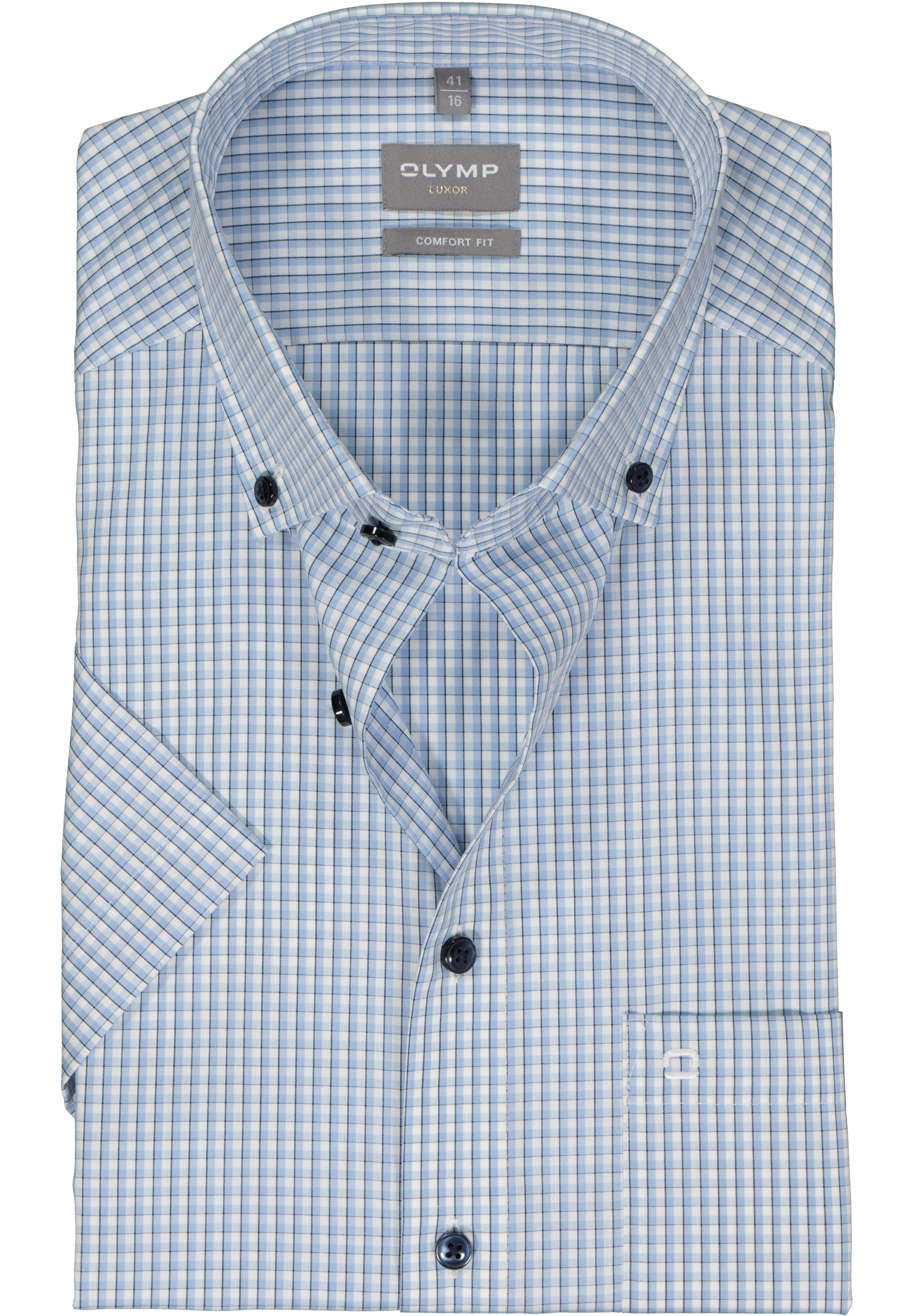 OLYMP comfort fit overhemd, korte mouw, popeline, wit met blauw geruit
