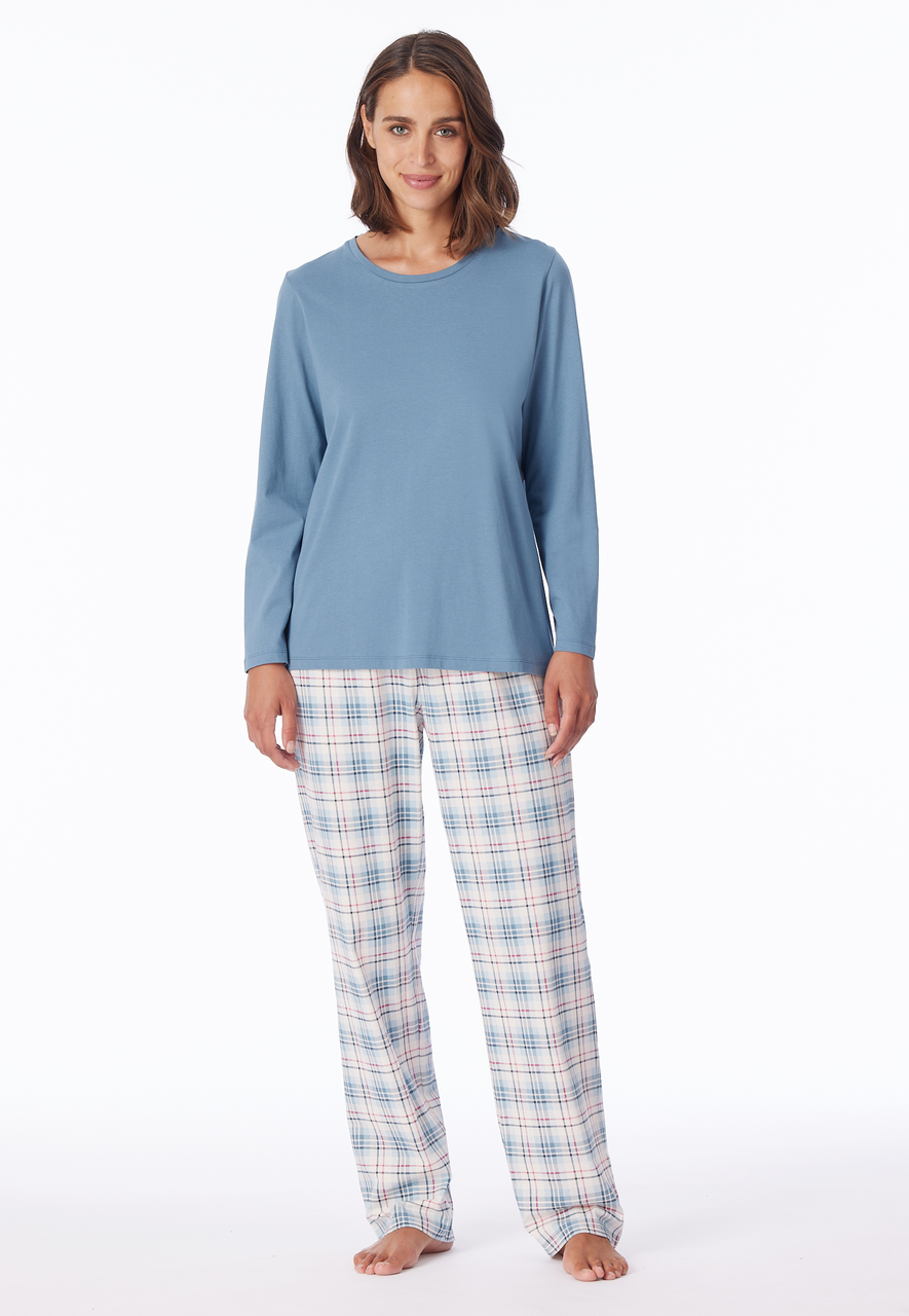 SCHIESSER Comfort Essentials pyjamaset, dames pyjama lang blauw-grijs