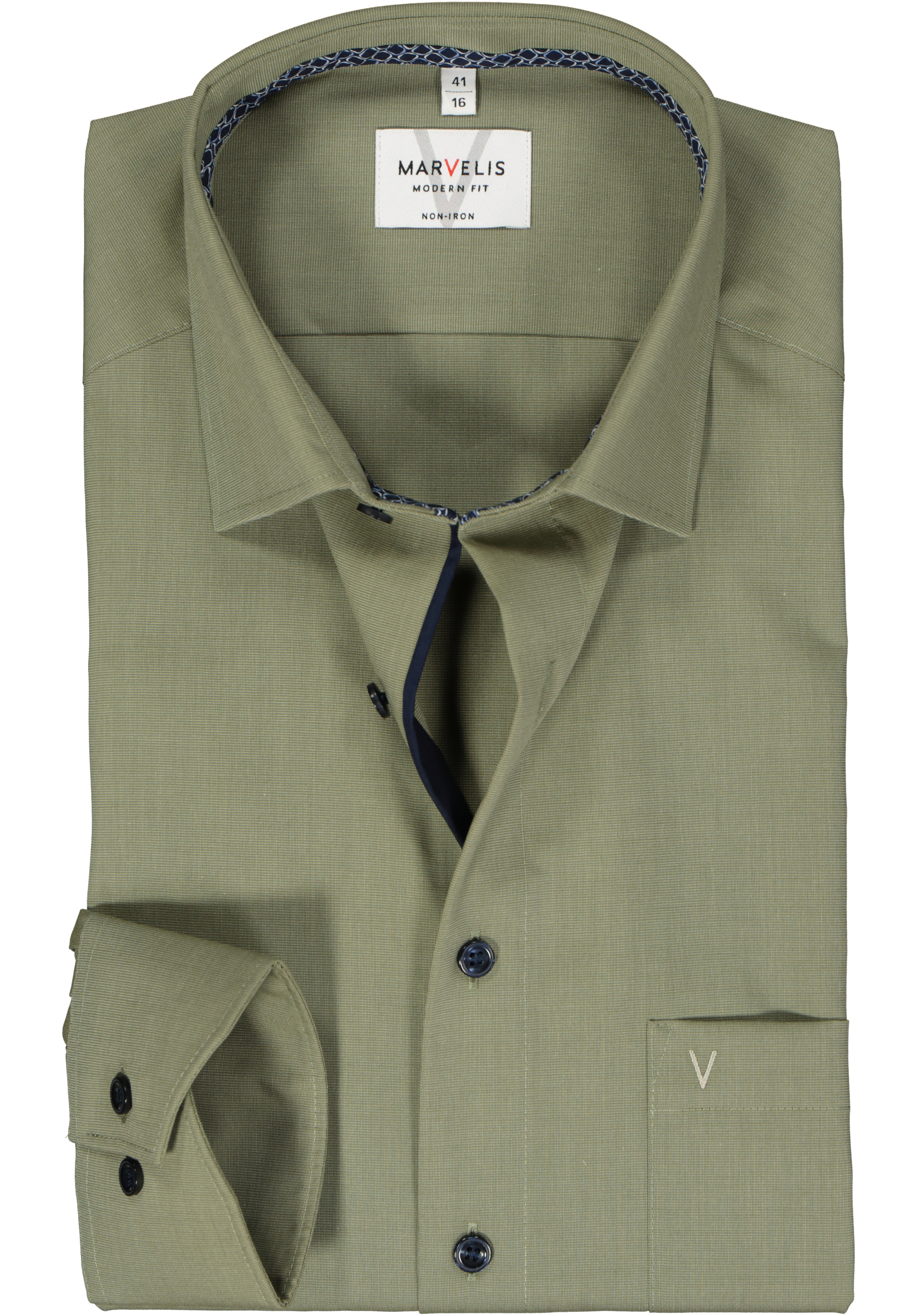MARVELIS modern fit overhemd, structuur, olijfgroen